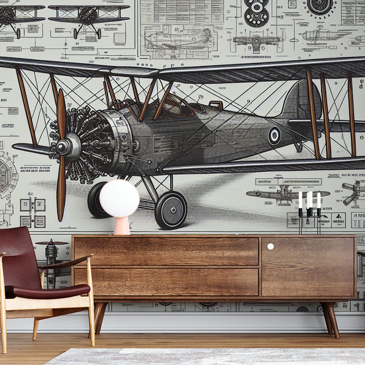 Papier peint avion | Plan technique design aux tons noirs et blancs ...