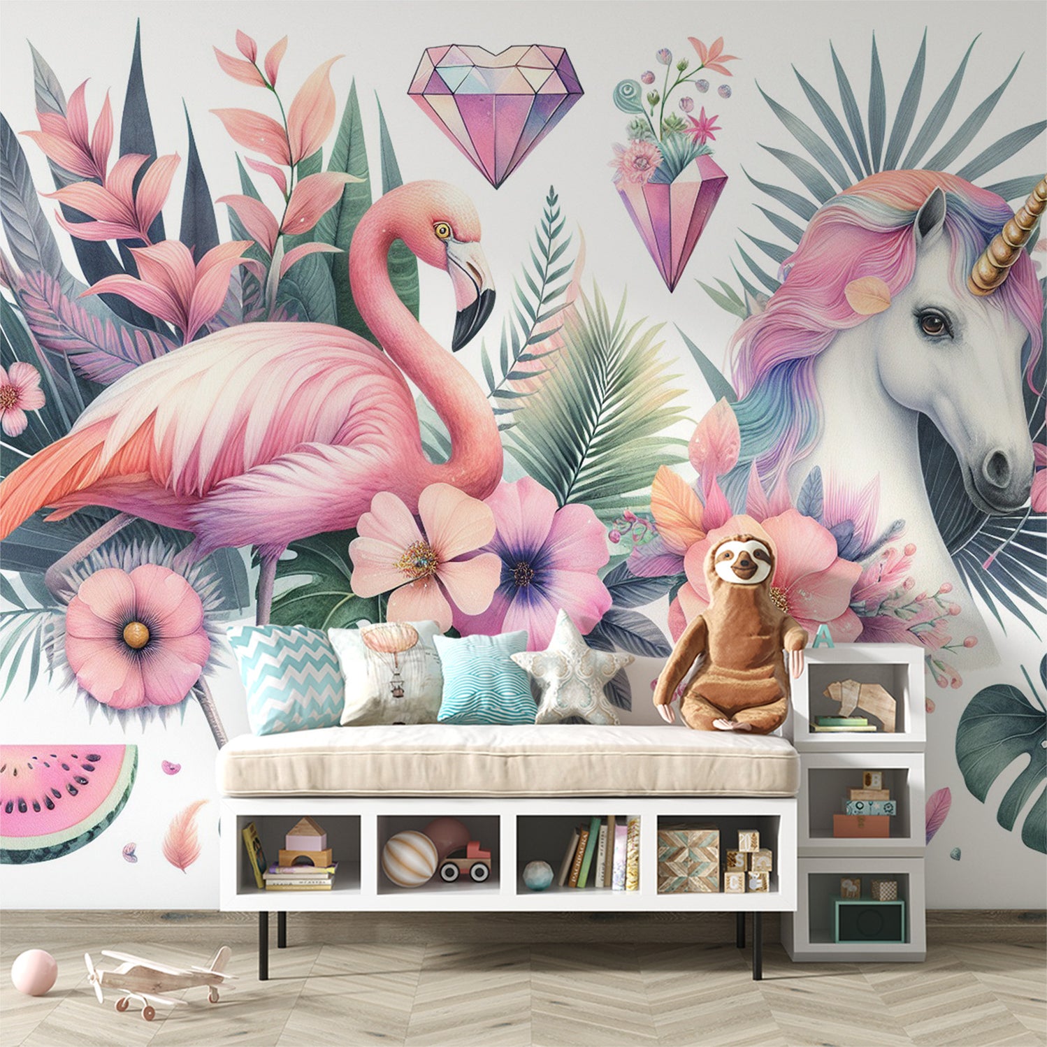 Papier peint licorne | Flamant rose, fleurs et couleurs rétros ...