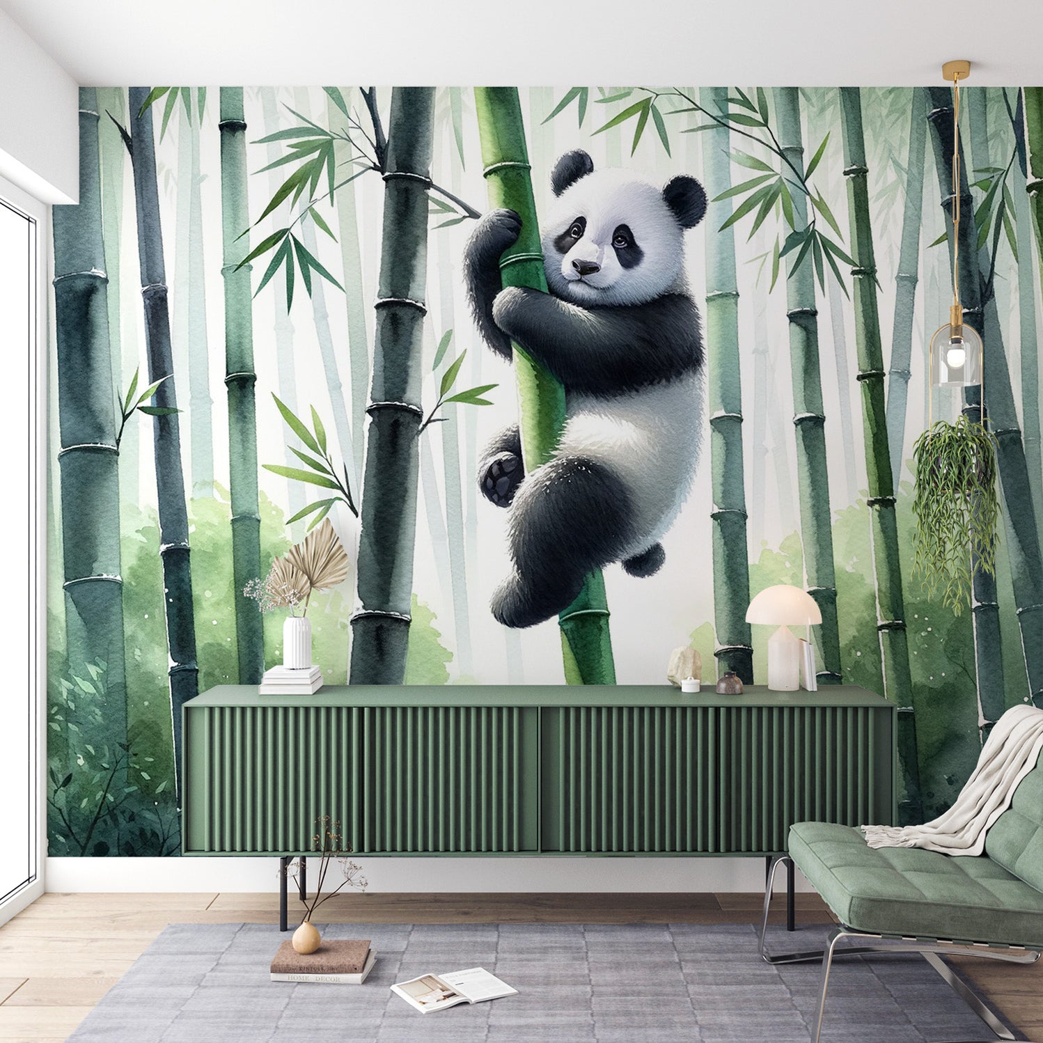 Papier peint panda | Forêt de bambou vert avec panda accroché ...