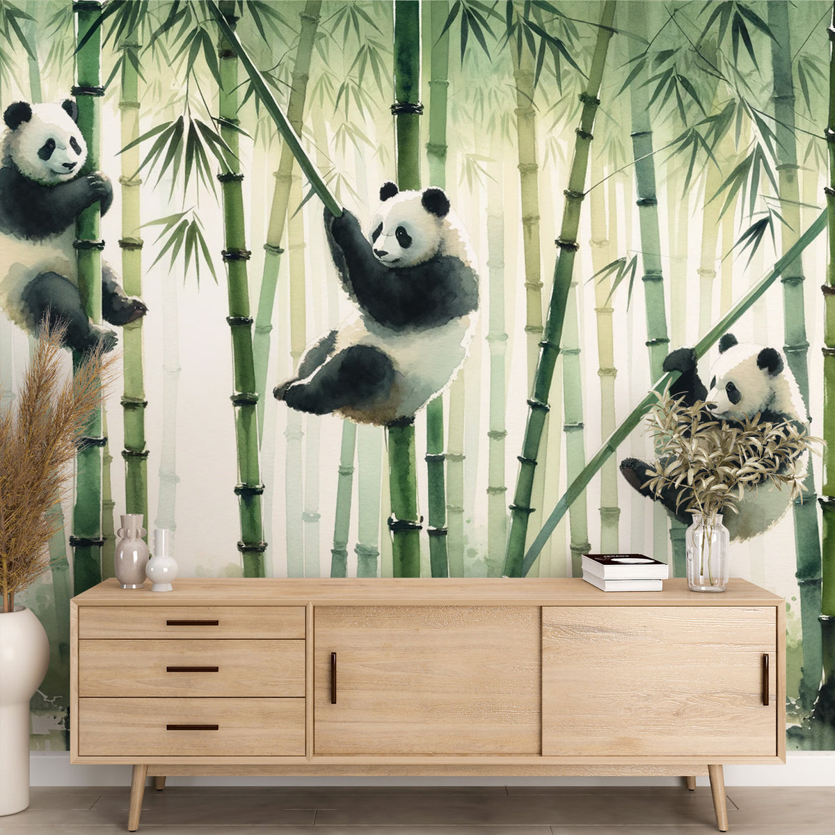 Papier peint panda | Trois pandas accroché à leurs bambous — LePapierPeint