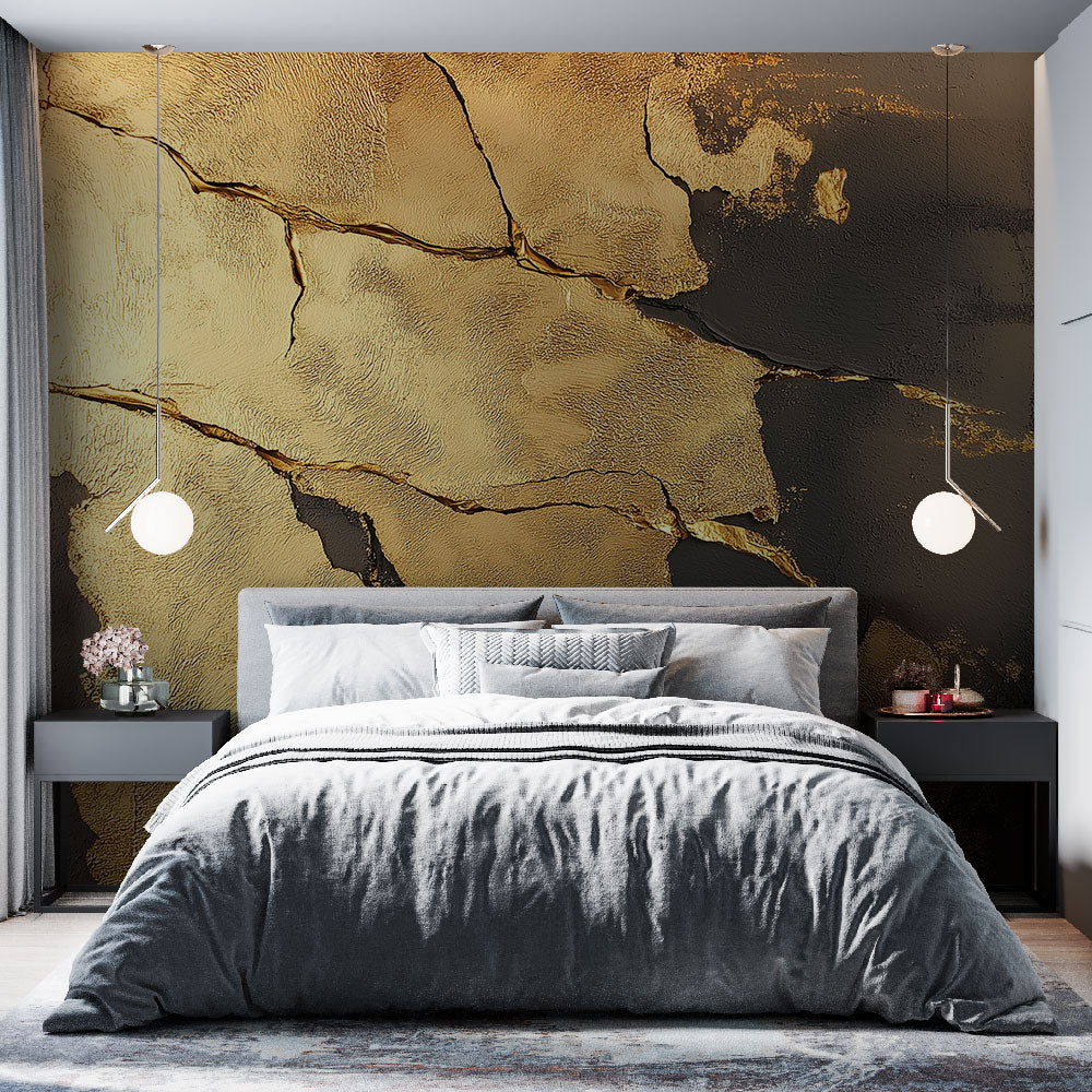 Papier peint doré | Texture élégante avec fissures dorées sur fond noi ...