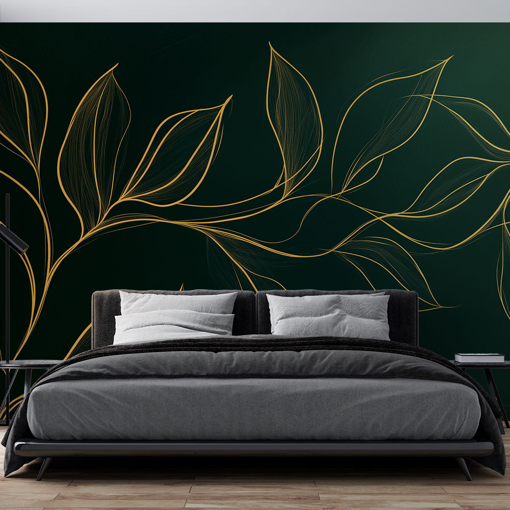 Papier peint feuillage vert et or | Feuilles en trait doré — LePapierPeint
