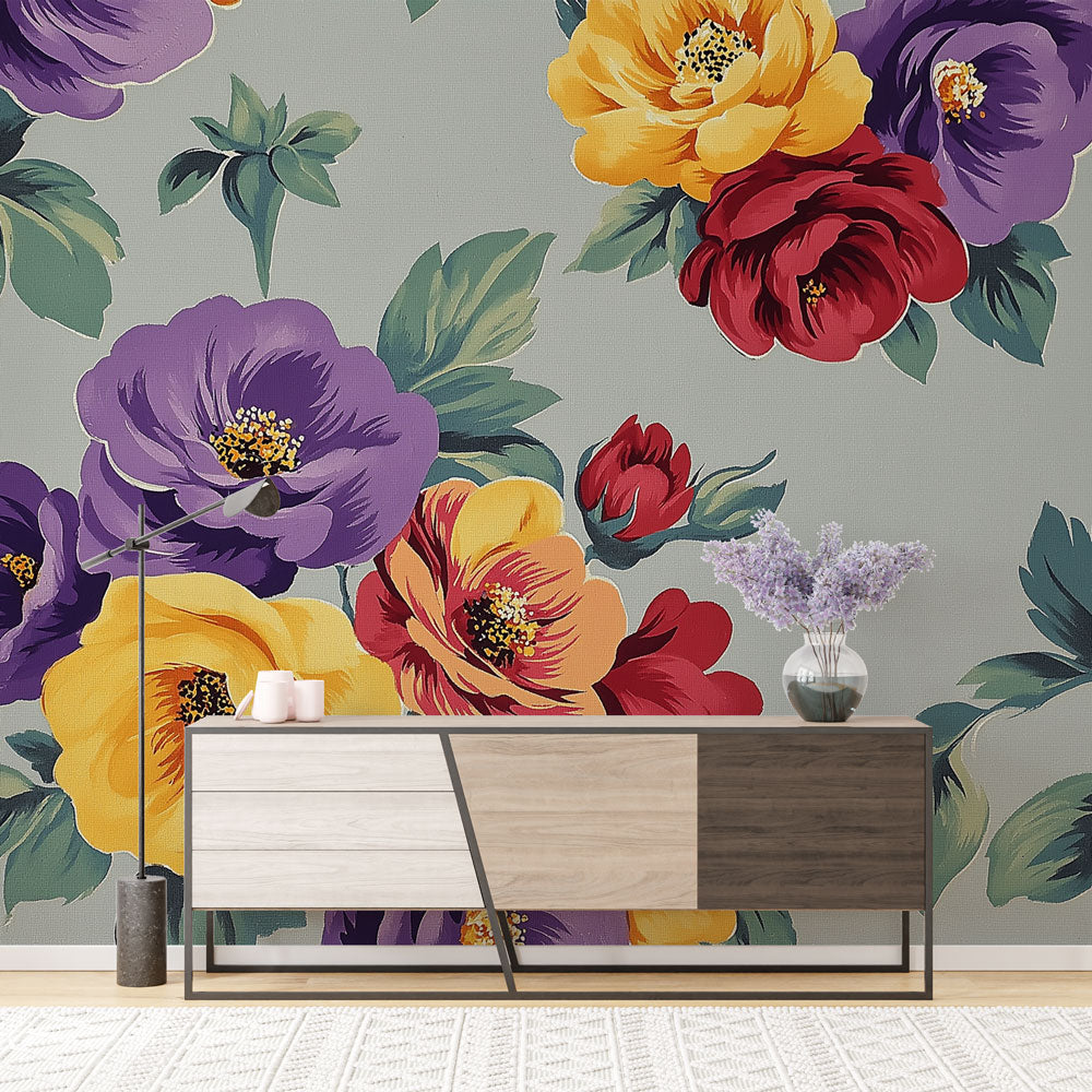Papier peint fleurs colorées | Motif éclatant pour un intérieur dynami ...