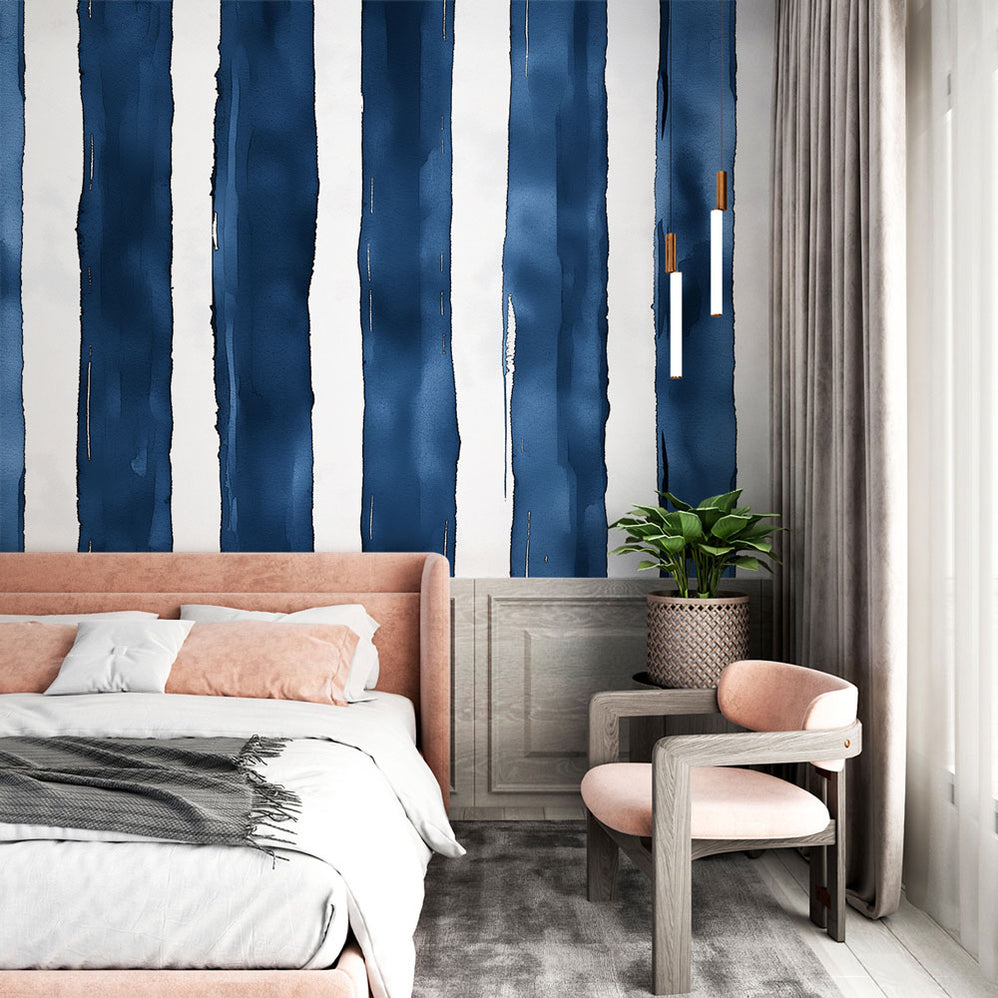 Papier peint rayures horizontales irrégulières | Bleu marine et fond b ...