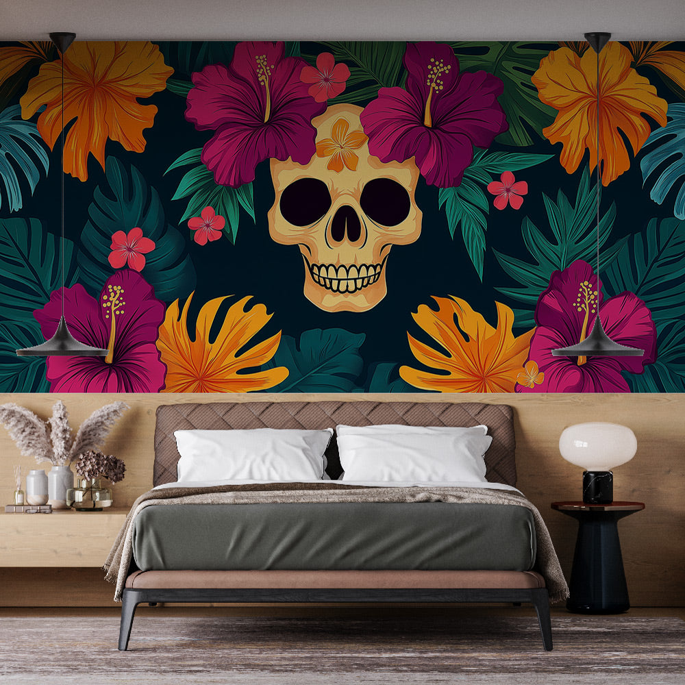 Papier peint tête de mort | Cache cache dans les fleurs tropicales ...