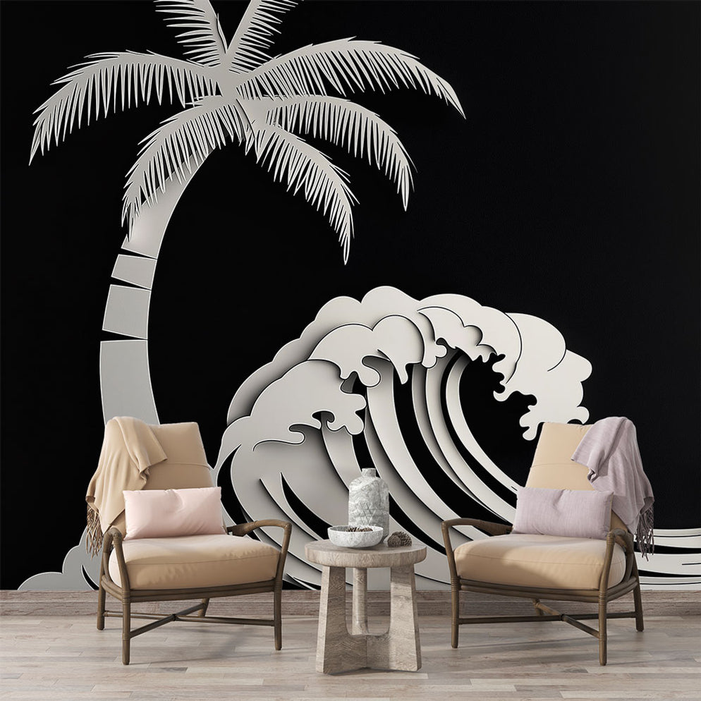 Papier peint vague | Vagues blanches et palmier en relief sur fond noi ...